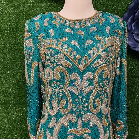 Tan-Chho | Dresses | Vintage Tanchho Green Silver And Gold Beaded Gown ...